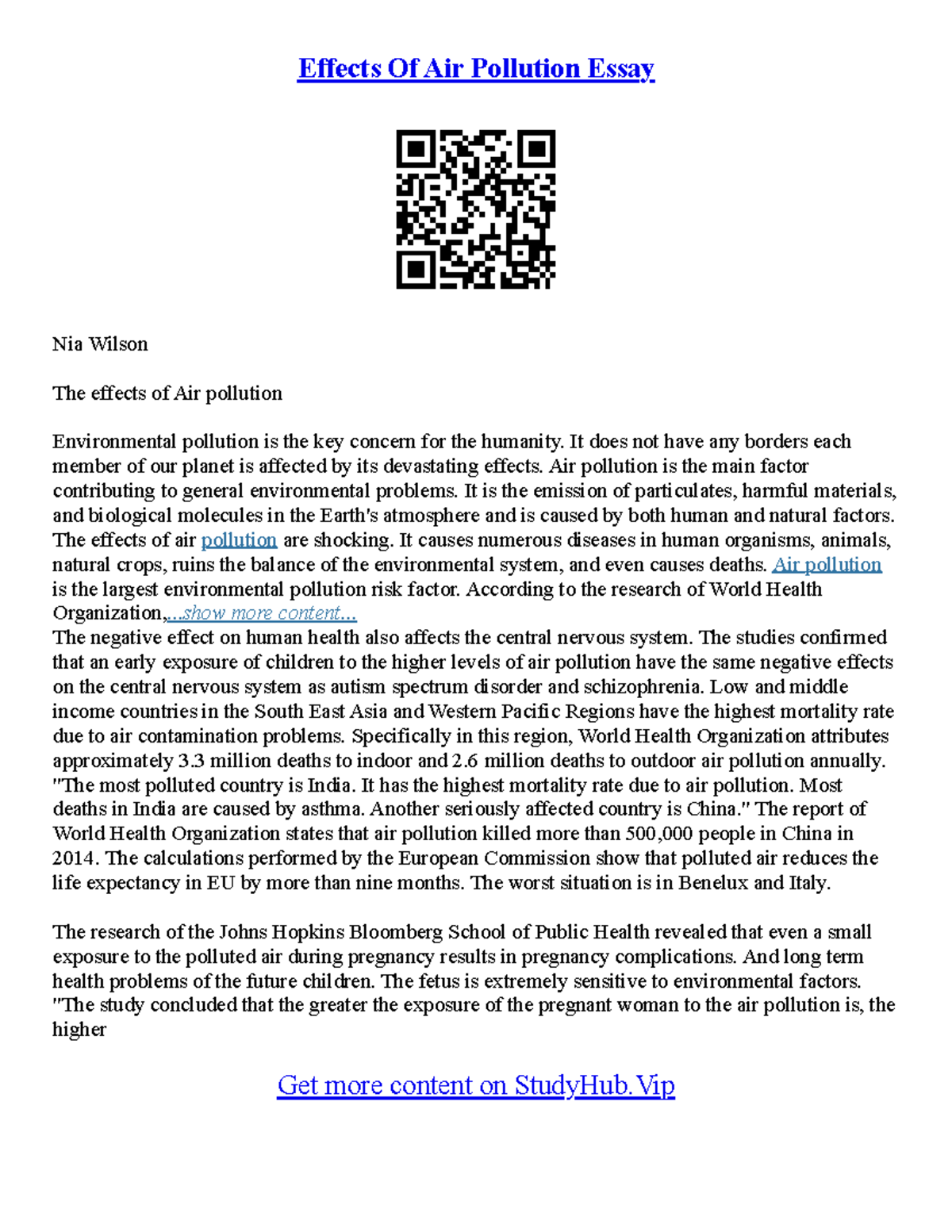 Small Essay On Pollution - Effects Of Air Pollution Essay Nia Wilson ...