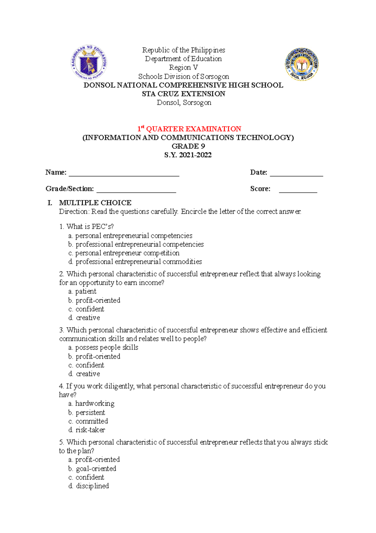 1ST Quarter Exam ICT 9-1 - Republic of the Philippines Department of ...