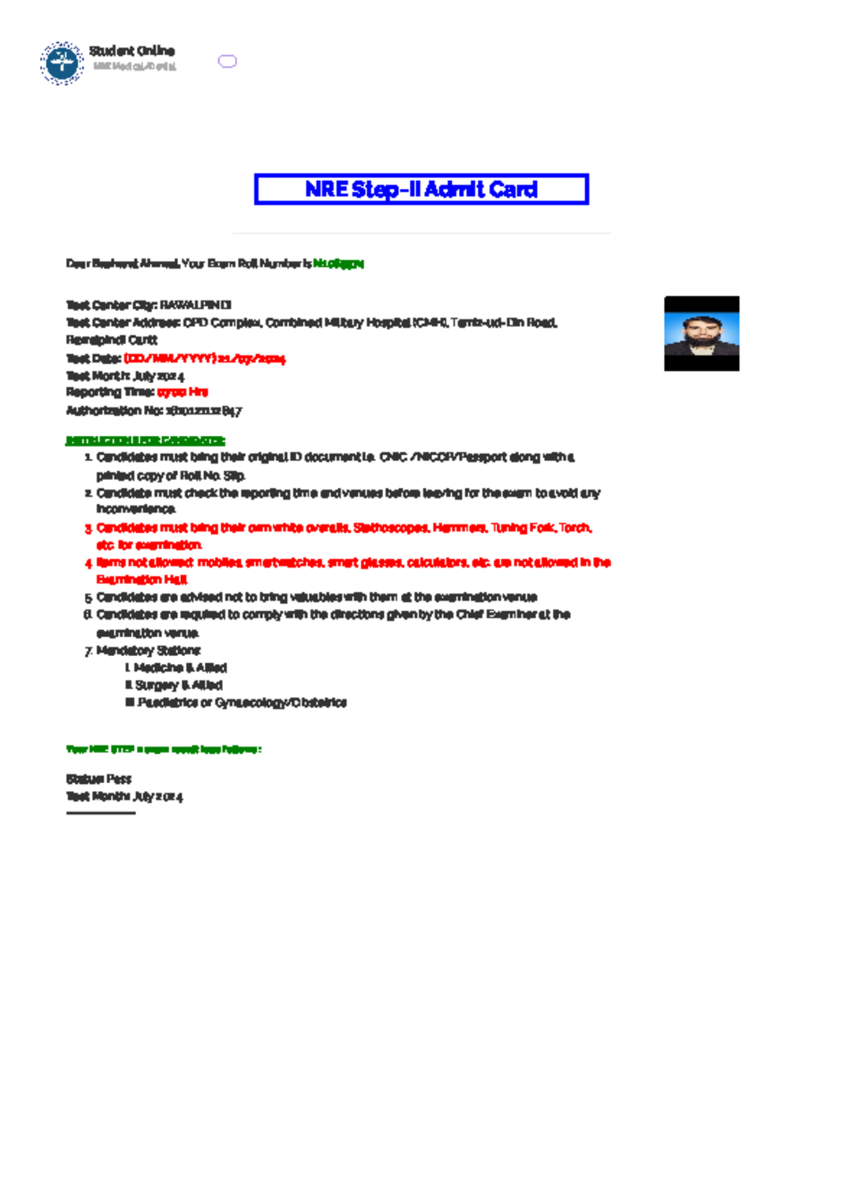 Basharat - MBBS - NRE Step-II Admit Card Test Center City: RAWALPINDI ...