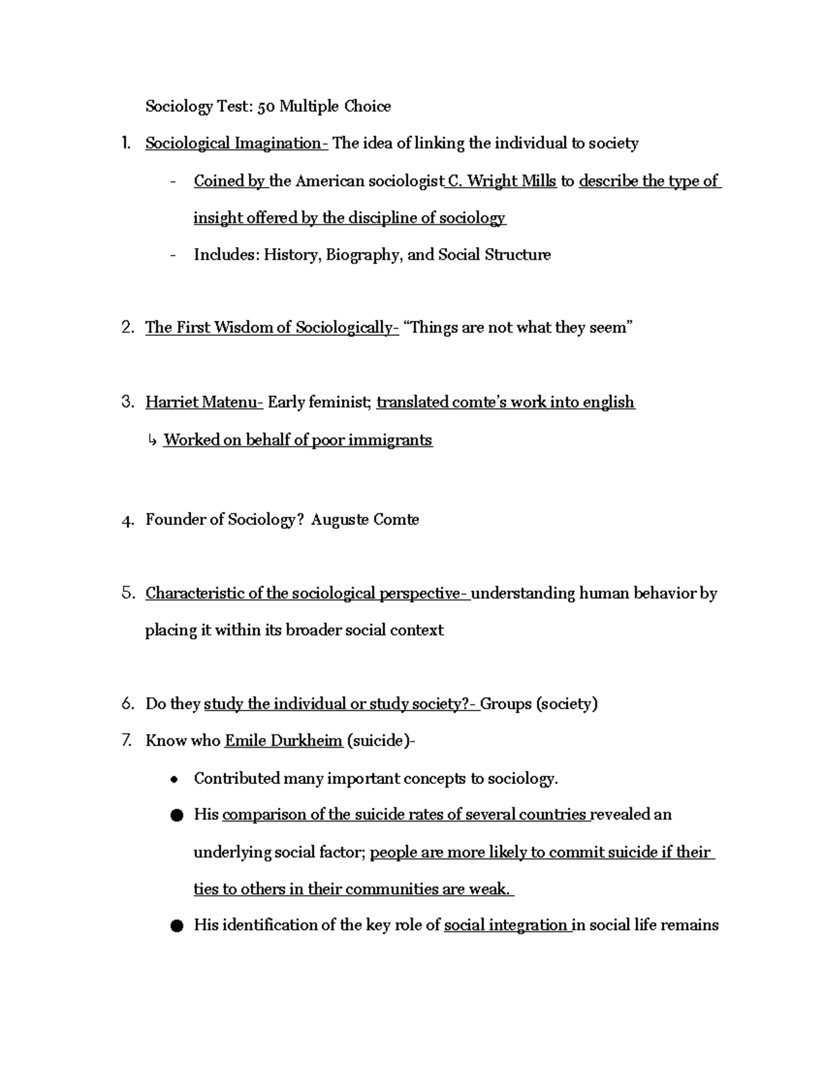 Sociology Test 50 Multiple Choice - Sociology Test: 50 Multiple Choice ...