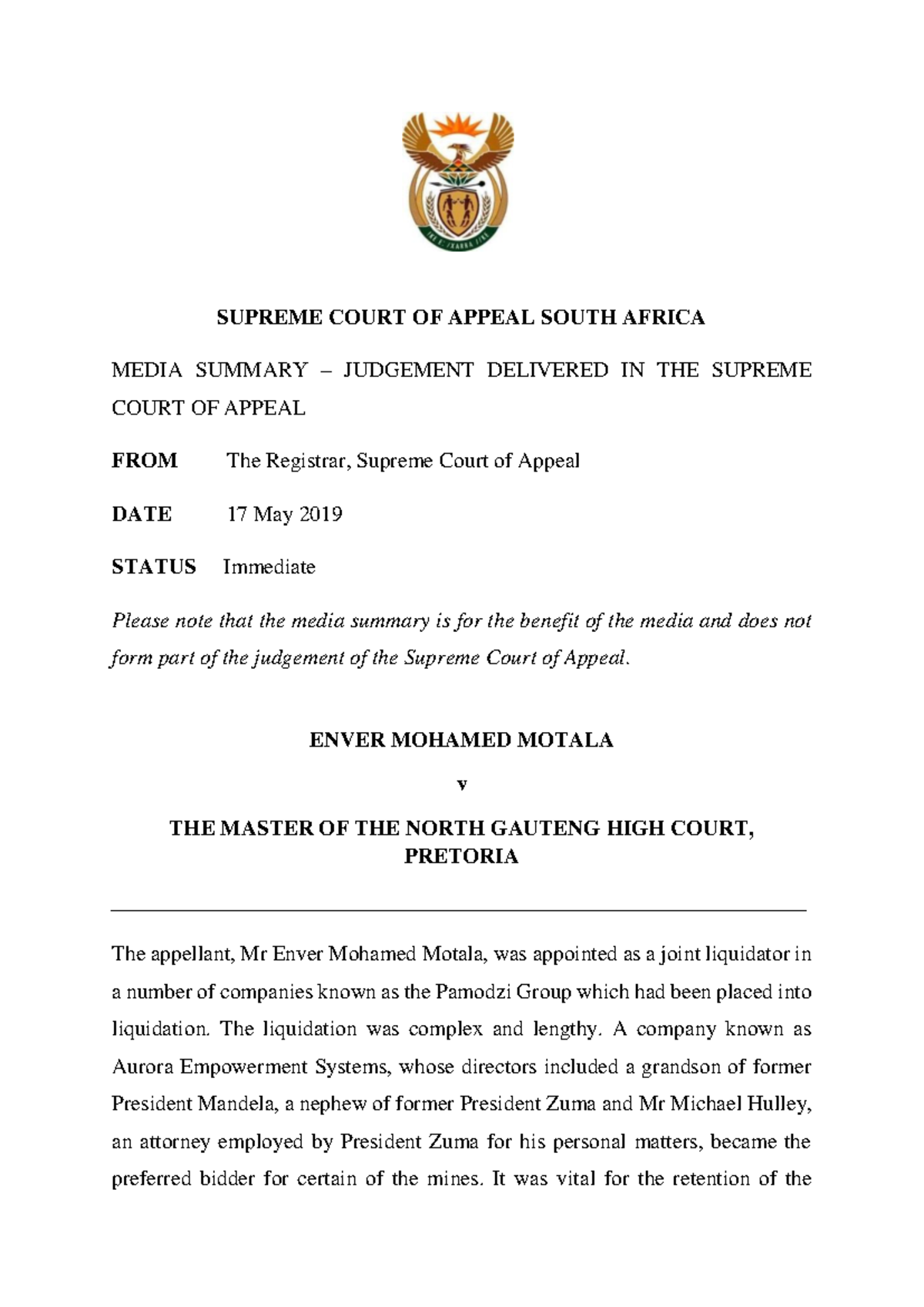 Motala's summary - SUPREME COURT OF APPEAL SOUTH AFRICA MEDIA SUMMARY ...