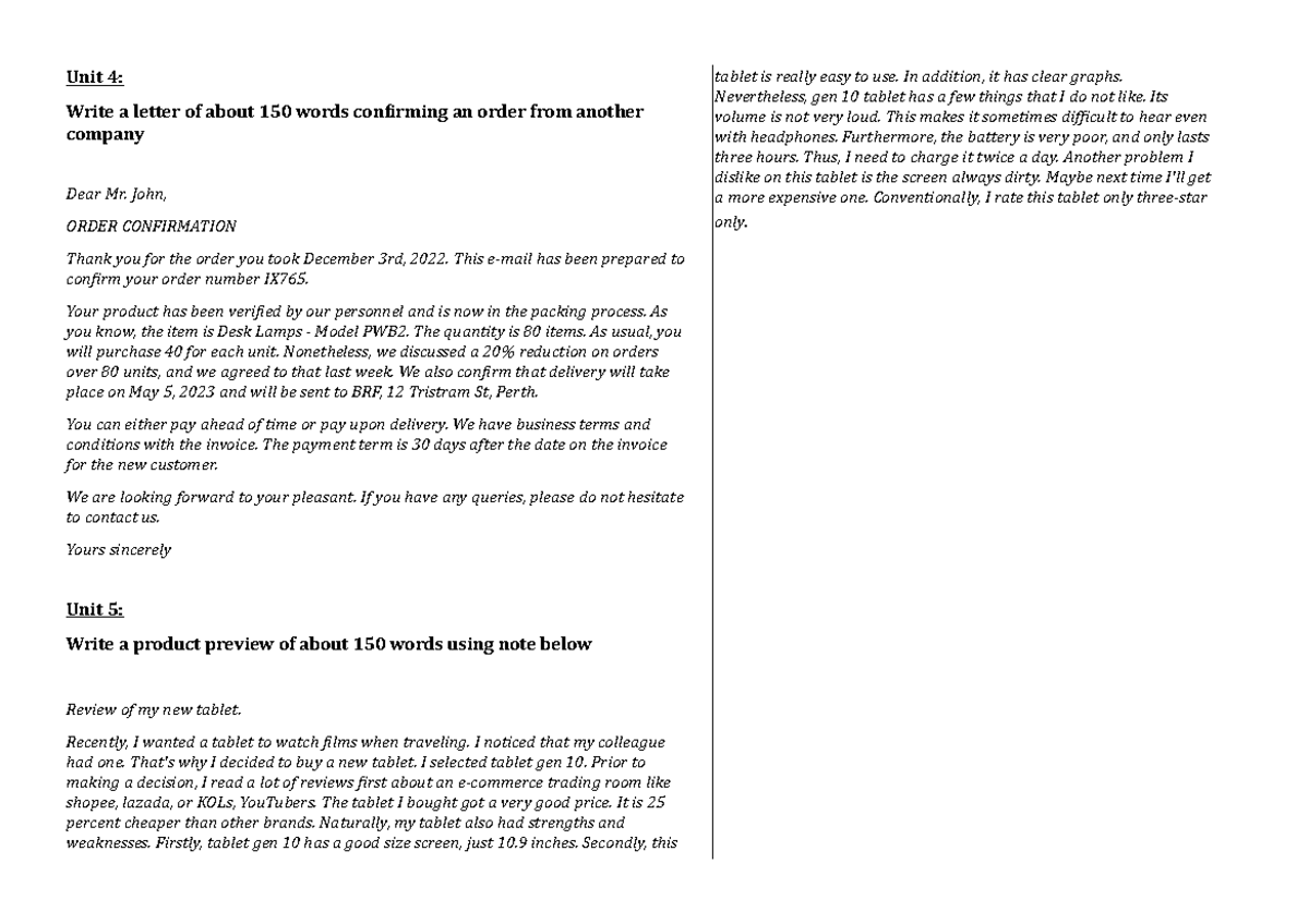 Thi writing - English - Unit 4: Write a letter of about 150 words ...