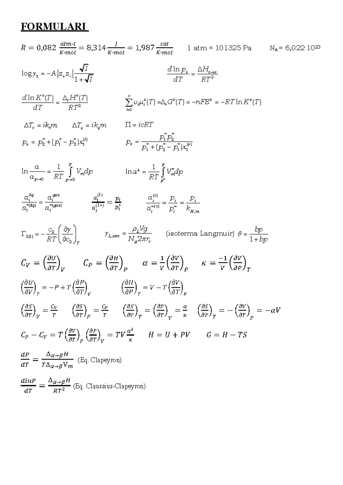 Formulari Final QFI June2023 - FORMULARI 𝑅 = 0, !"#·% &·#'% = 8 ...