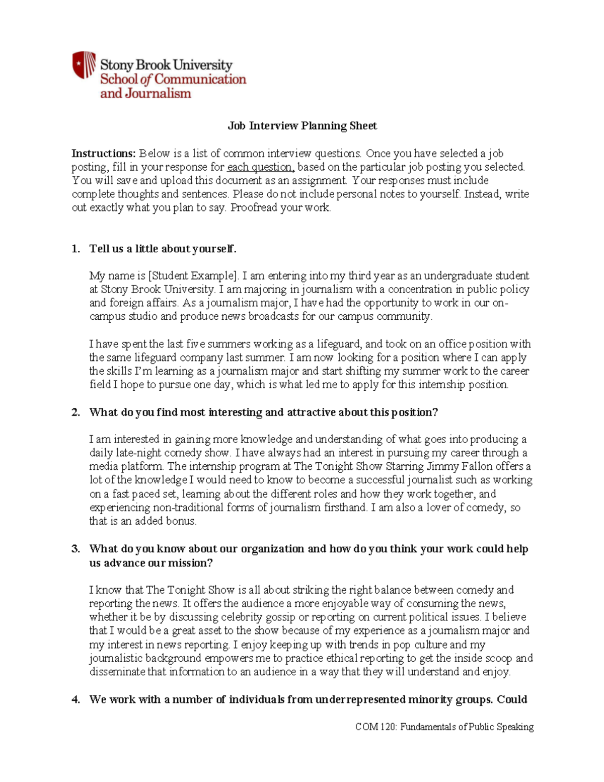 Example Job Interview Planning Sheet - COM 120: Fundamentals of Public ...