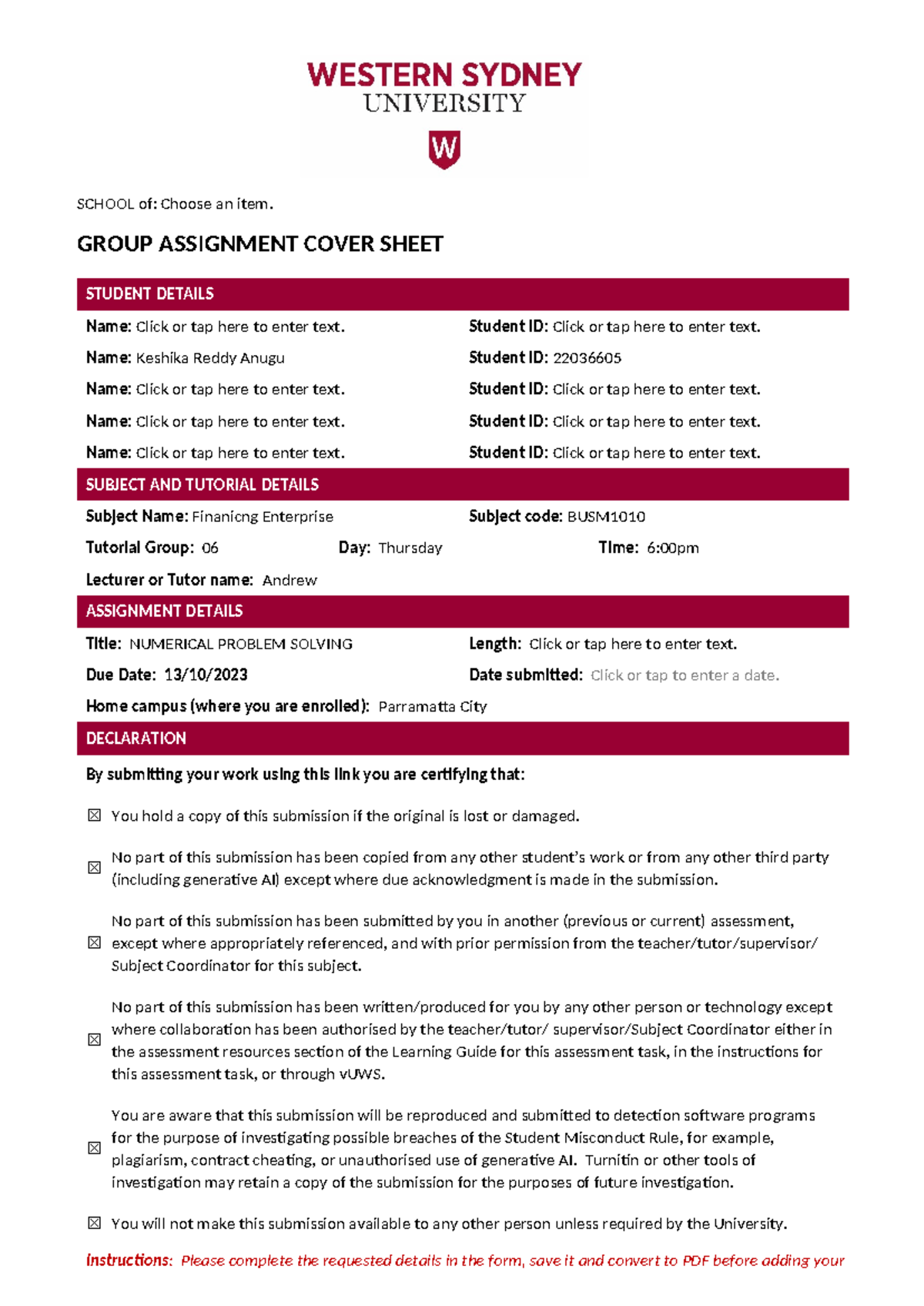 Assignment Cover Sheet Group Finalv 4-040823 - SCHOOL of: Choose an ...