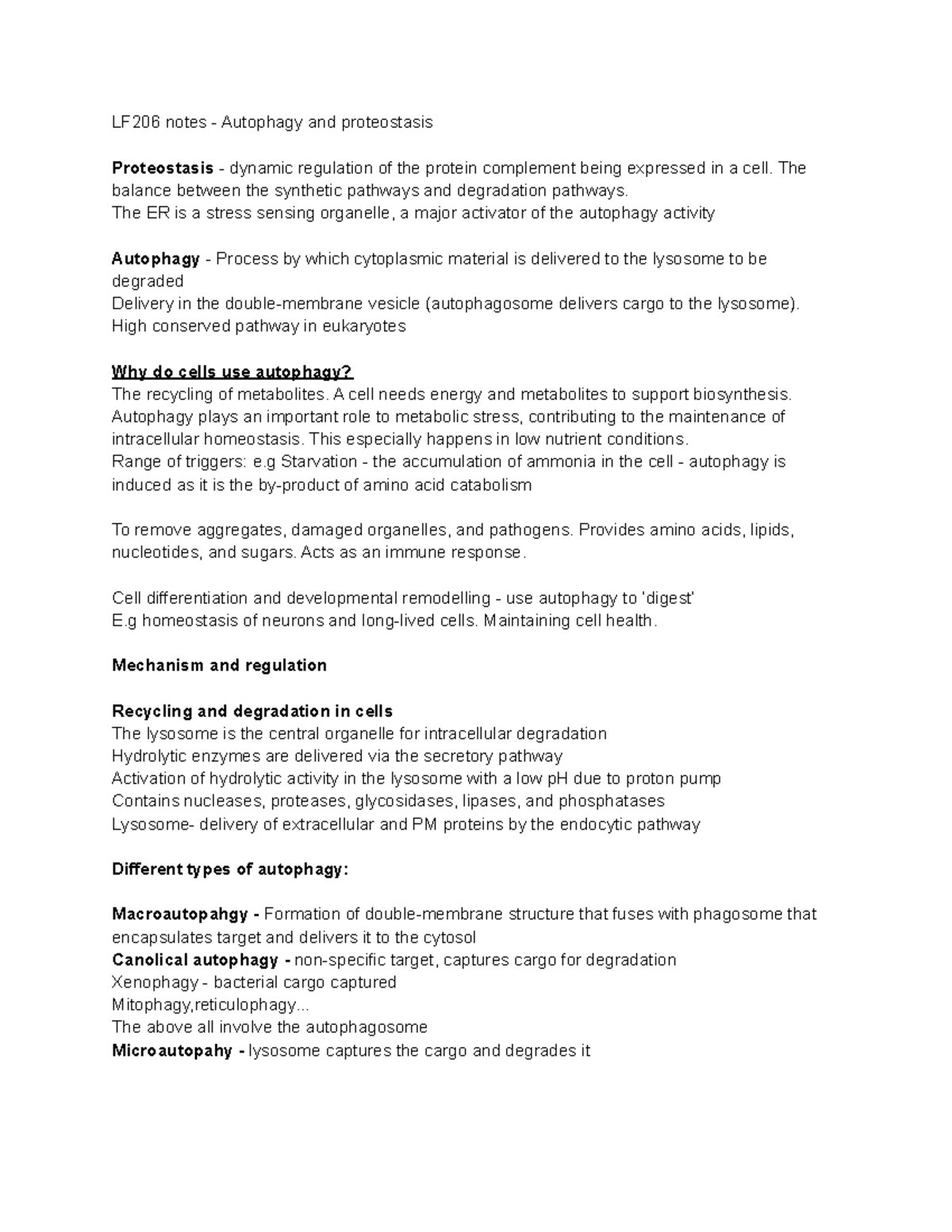 LF206 notes - Autophagy and proteostasis - lecture 13 - LF206 notes ...
