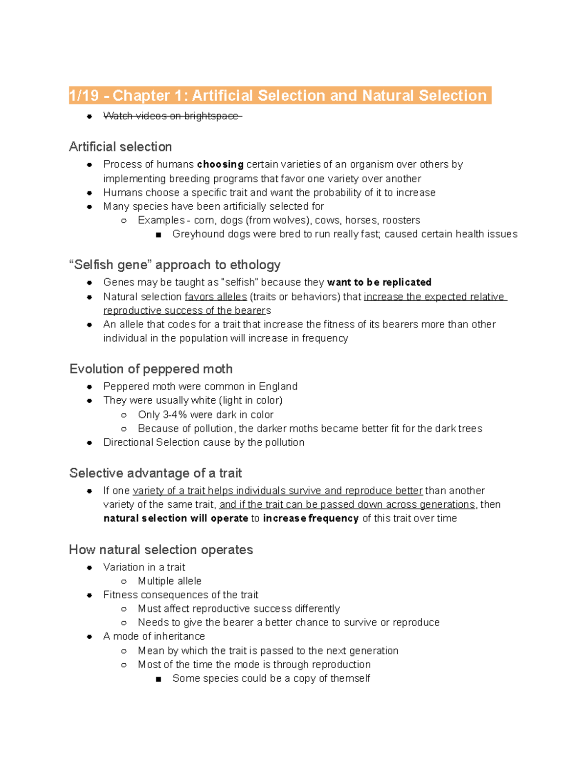 exam 1 lecture notes - 1/19 - Chapter 1: Artificial Selection and ...
