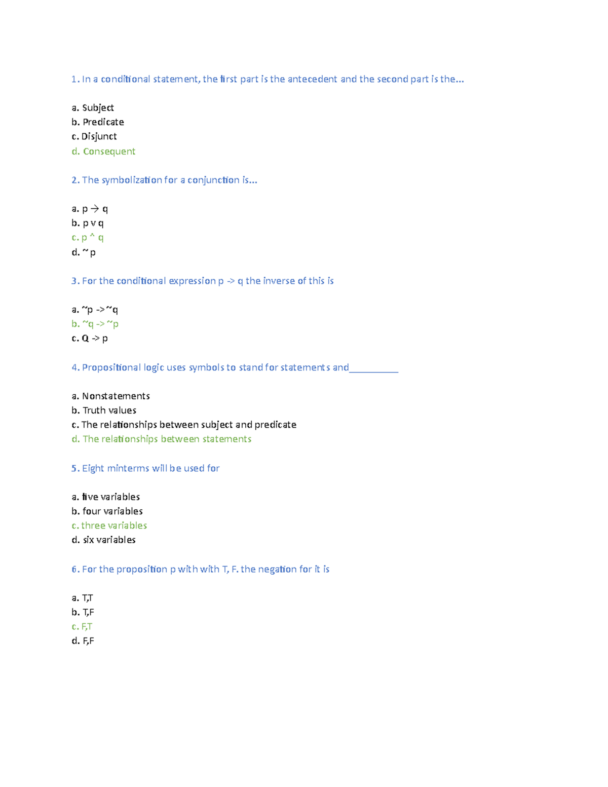 Maths CA 2 MCQ - In a conditional statement, the first part is the ...