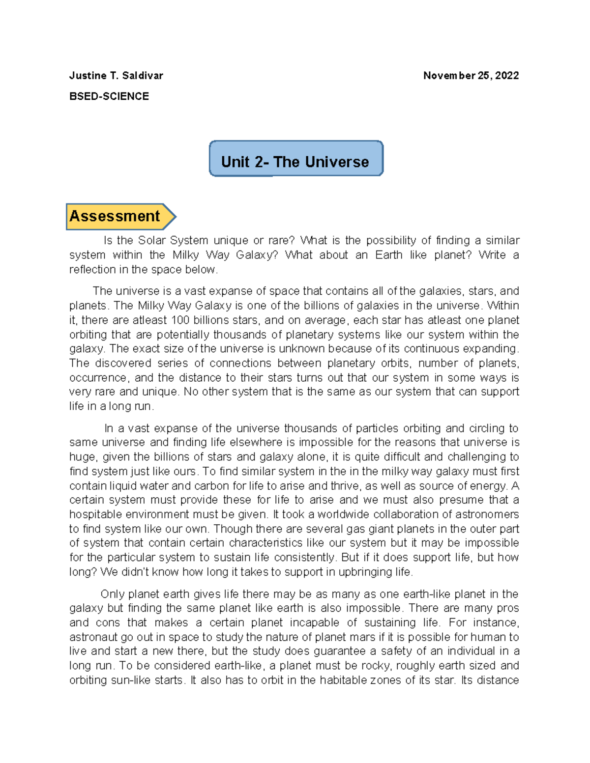 Astronomy Assessment 3 Saldivar Justine T - Justine T. Saldivar November 25, 2022 BSED-SCIENCE ...