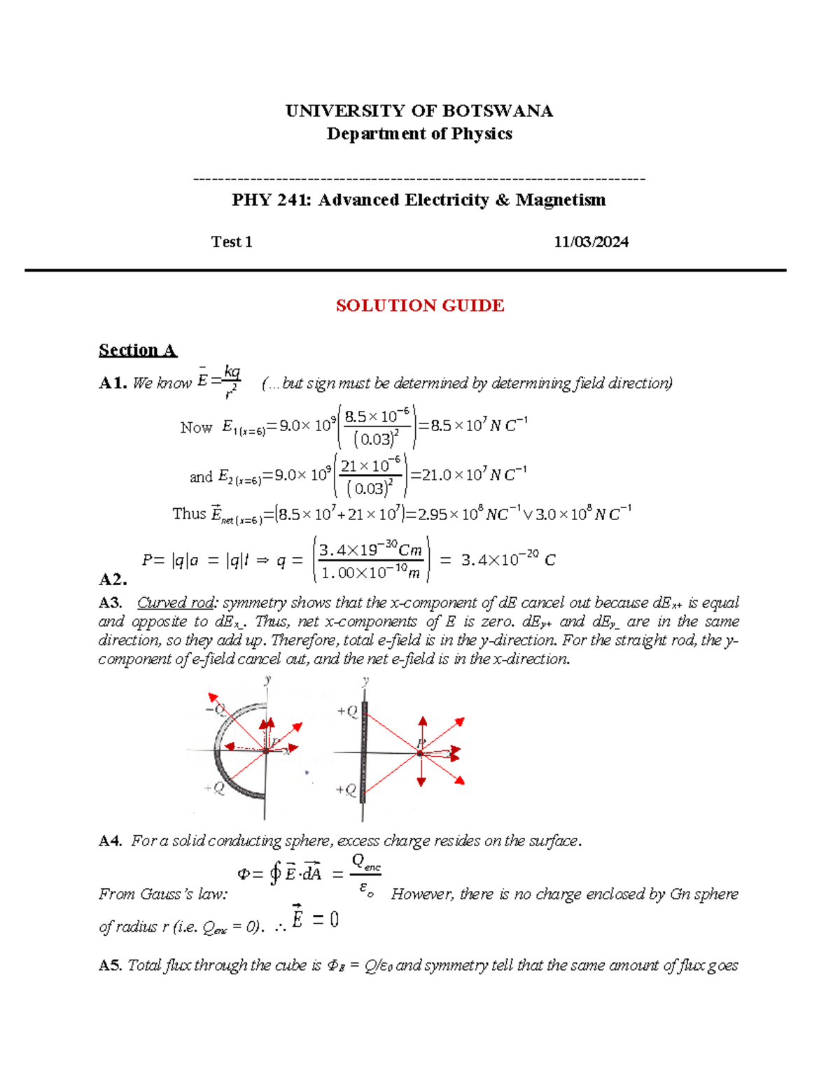 PHY241 T1 2024 Solutions - UNIVERSITY OF BOTSWANA Department of Physics - PHY 241: Advanced ...