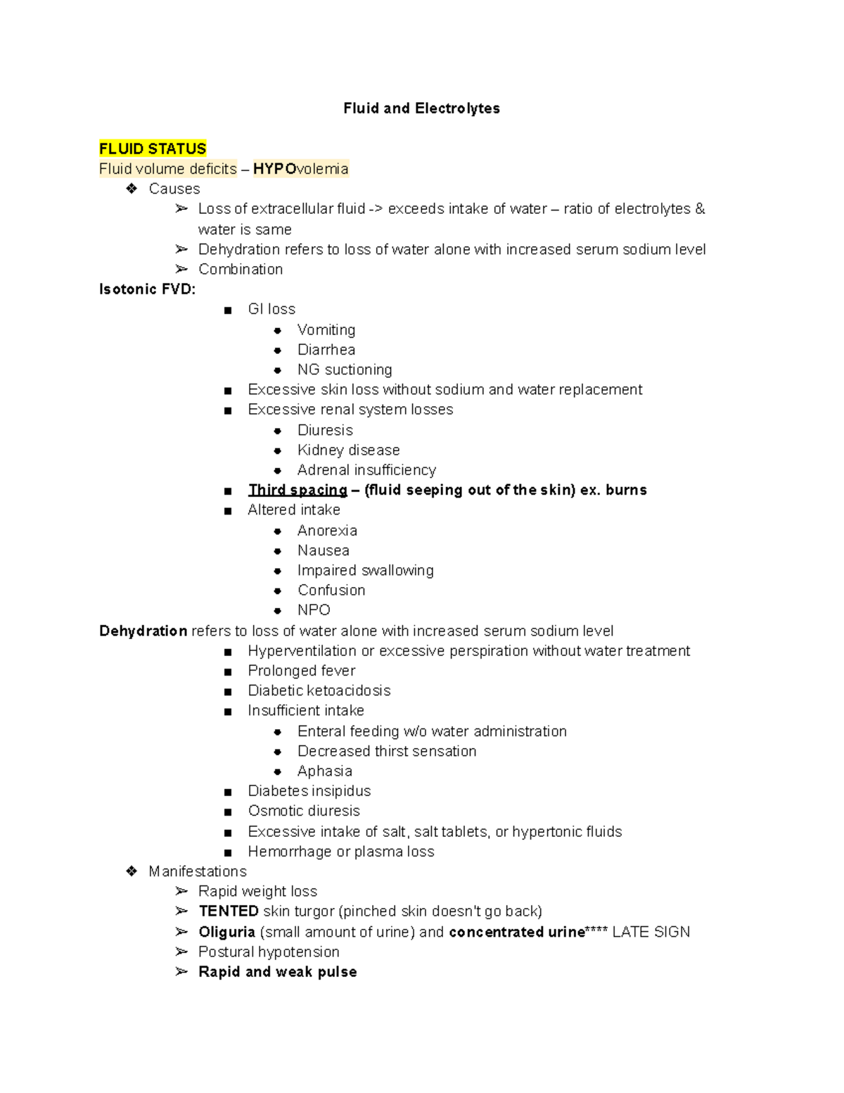 Medsurg Fluid and electrolytes - Fluid and Electrolytes FLUID STATUS ...