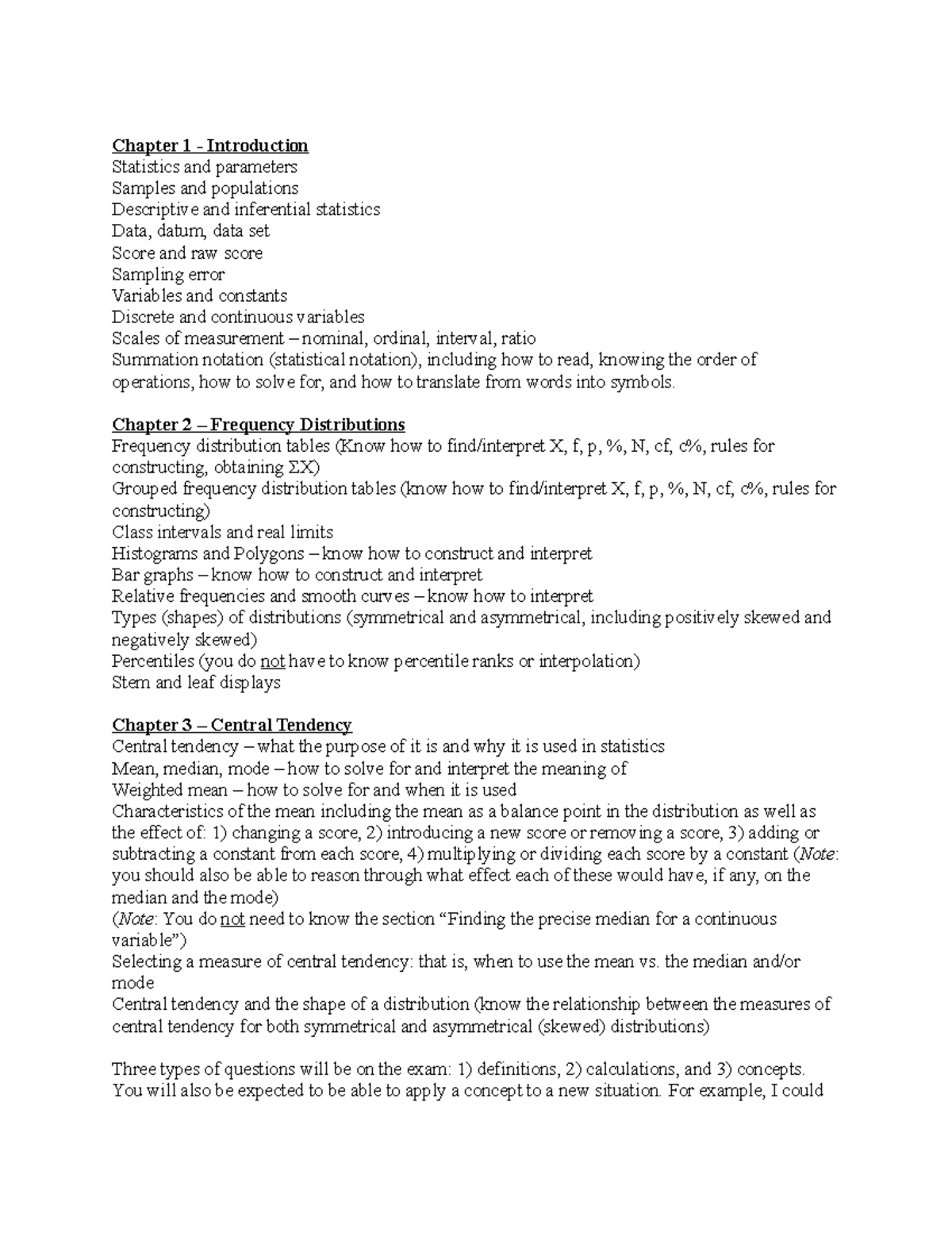 Review sheet exam #1 Spring 2018 - Chapter 1 - Introduction Statistics ...