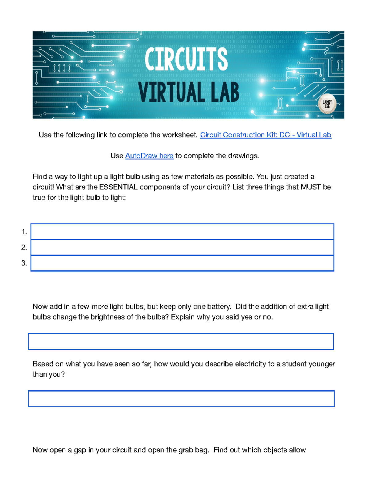 Kyryl Gonchar - 2023 PHET Circuits Virtual Lab - Use the following link ...