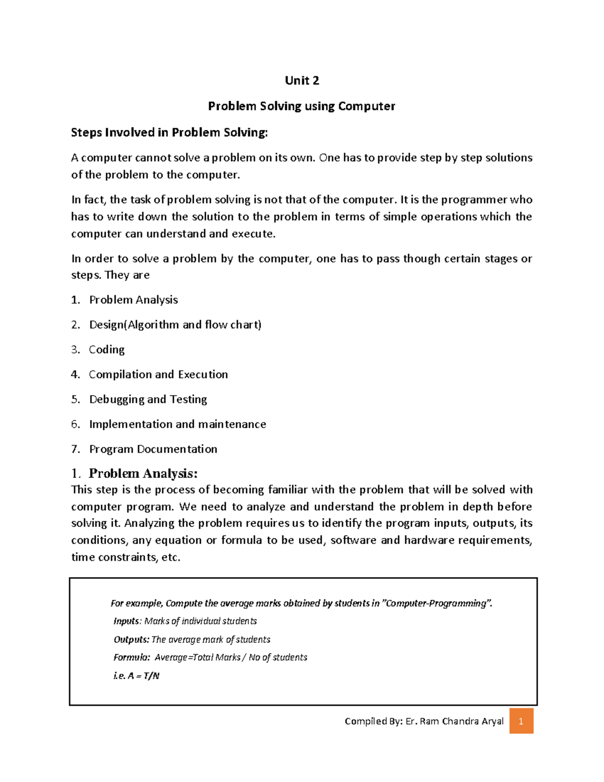 Algrothim and flow chart - Unit 2 Problem Solving using Computer Steps Involved in Problem ...