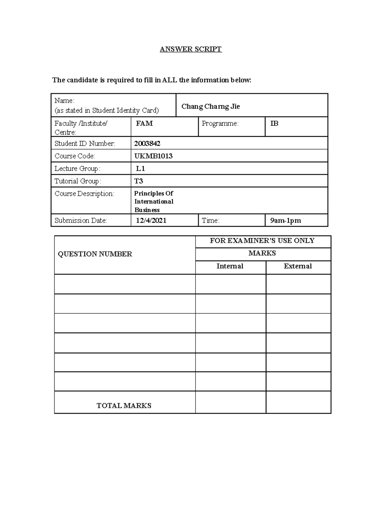 1FAM 2003 842 Chang Charng Jie IN - ANSWER SCRIPT The candidate is ...