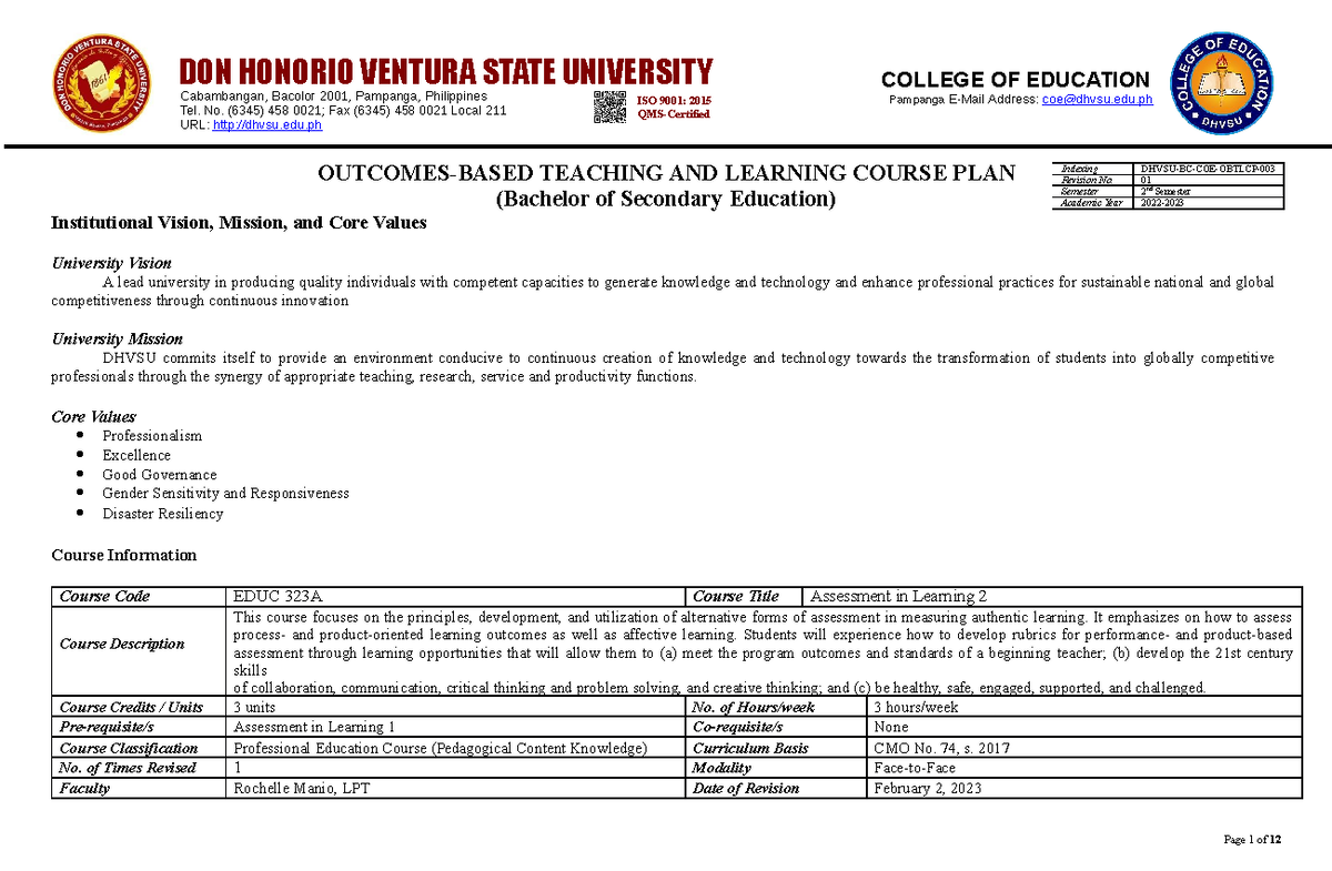 EDUC 323A Syllabus - DON HONORIO VENTURA STATE UNIVERSITY COLLEGE OF ...