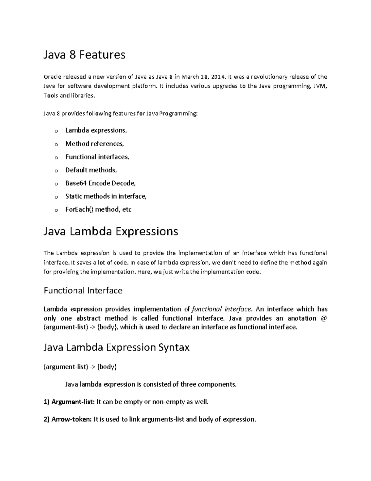 Java Unit 3 - java - Java 8 Features Oracle released a new version of ...