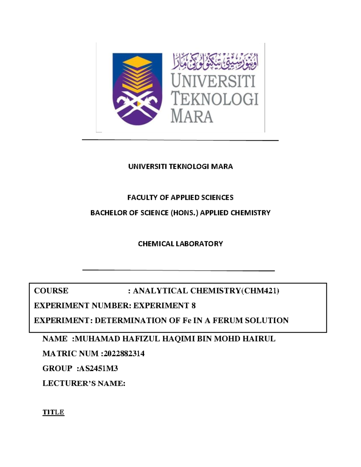 Exp. 8: Determination of ferum in a ferum solution by gravimetric ...