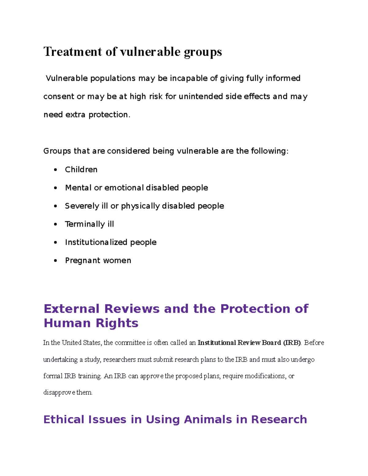 Week 4 In class Group work - Treatment of vulnerable groups Vulnerable ...