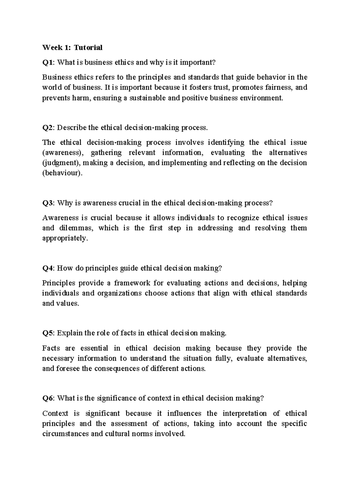 Tutorial 1 - Week 1: Tutorial Q1: What is business ethics and why is it ...