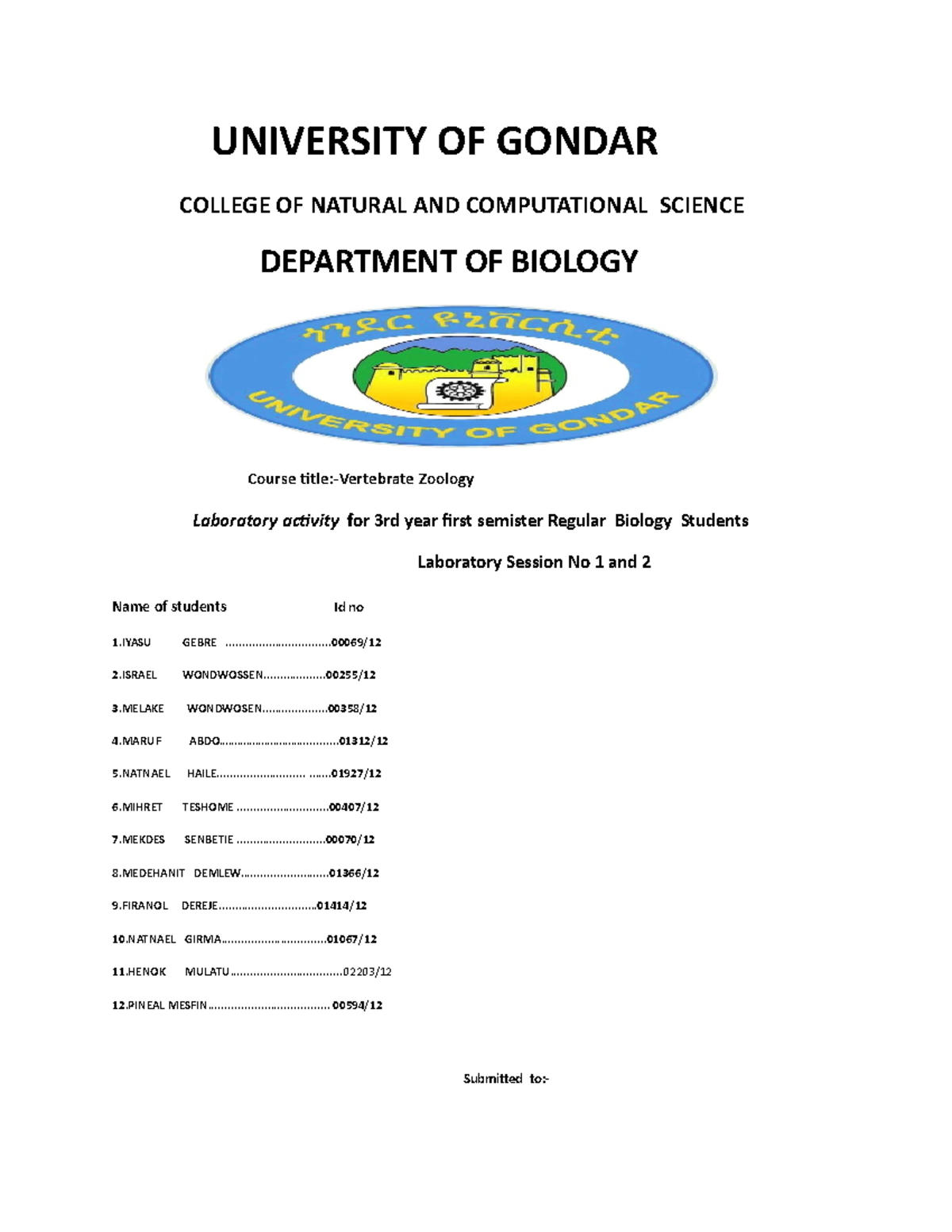 Vertebrate lab new 1 - UNIVERSITY OF GONDAR COLLEGE OF NATURAL AND ...