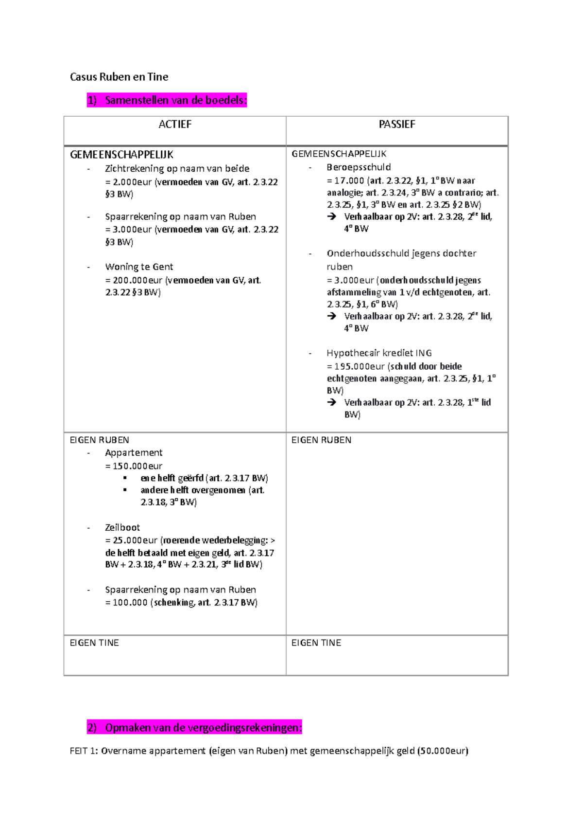 Casus Ruben en Tine - Vereffening verdeling - Casus Ruben en Tine 1 ...