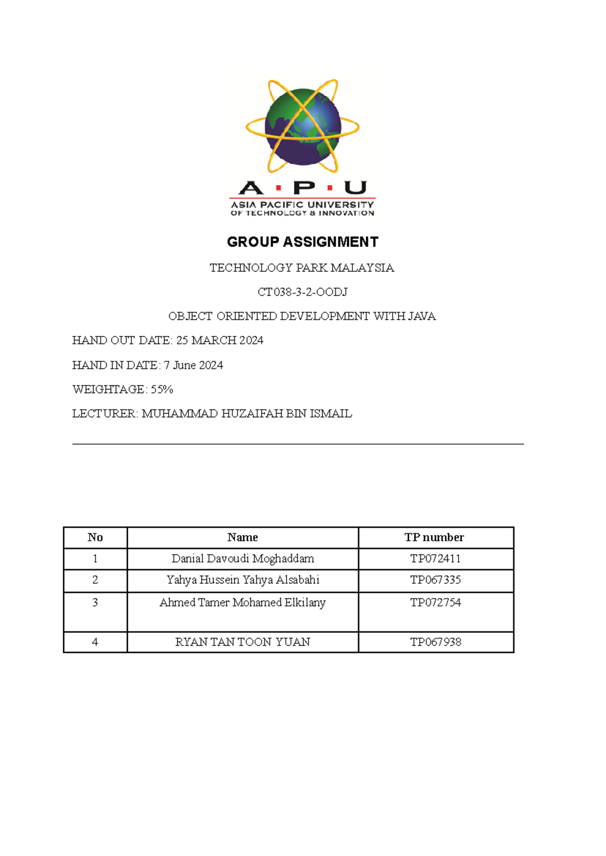 Assignment OODJ Group Assignment - GROUP ASSIGNMENT TECHNOLOGY PARK MALAYSIA CT038-3-2-OODJ ...