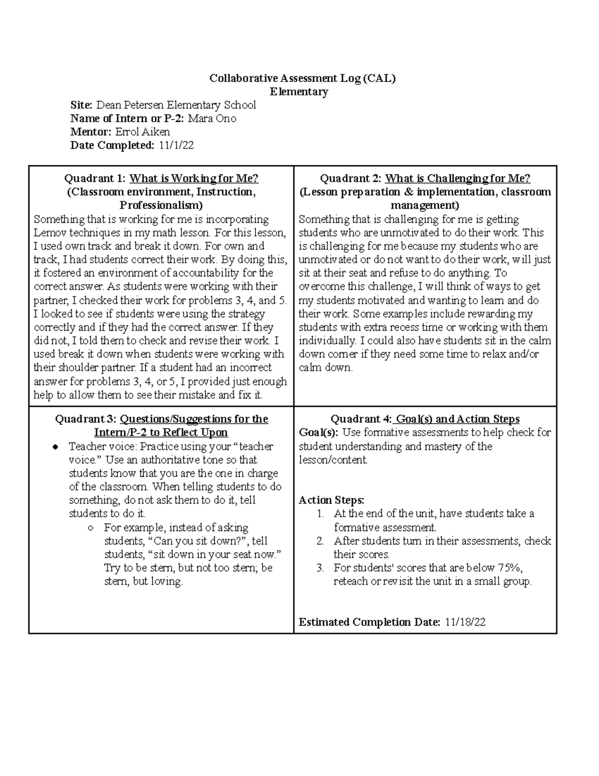 CAL #4 - CAL #4 - Collaborative Assessment Log (CAL) Elementary Site ...