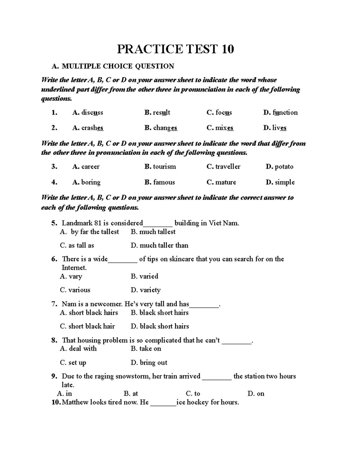 Practice TEST 10 Some Exercises To Pratice PRACTICE TEST 10 A practice-test-10-some-exercises-to-pratice-practice-test-10-a
