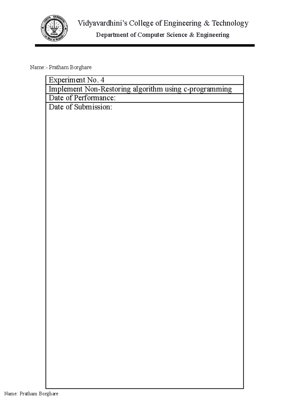 DLCA Exp 04 - Experiments. - Name:- Pratham Borghare Experiment No. 4 Implement Non-Restoring ...