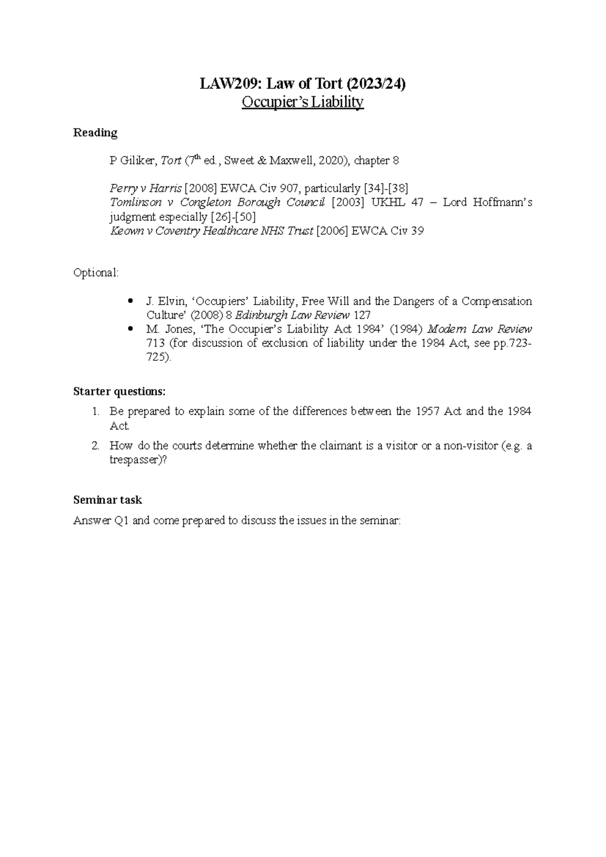 Occupiers Liability Seminar Questions - LAW209: Law of Tort (2023/24 ...