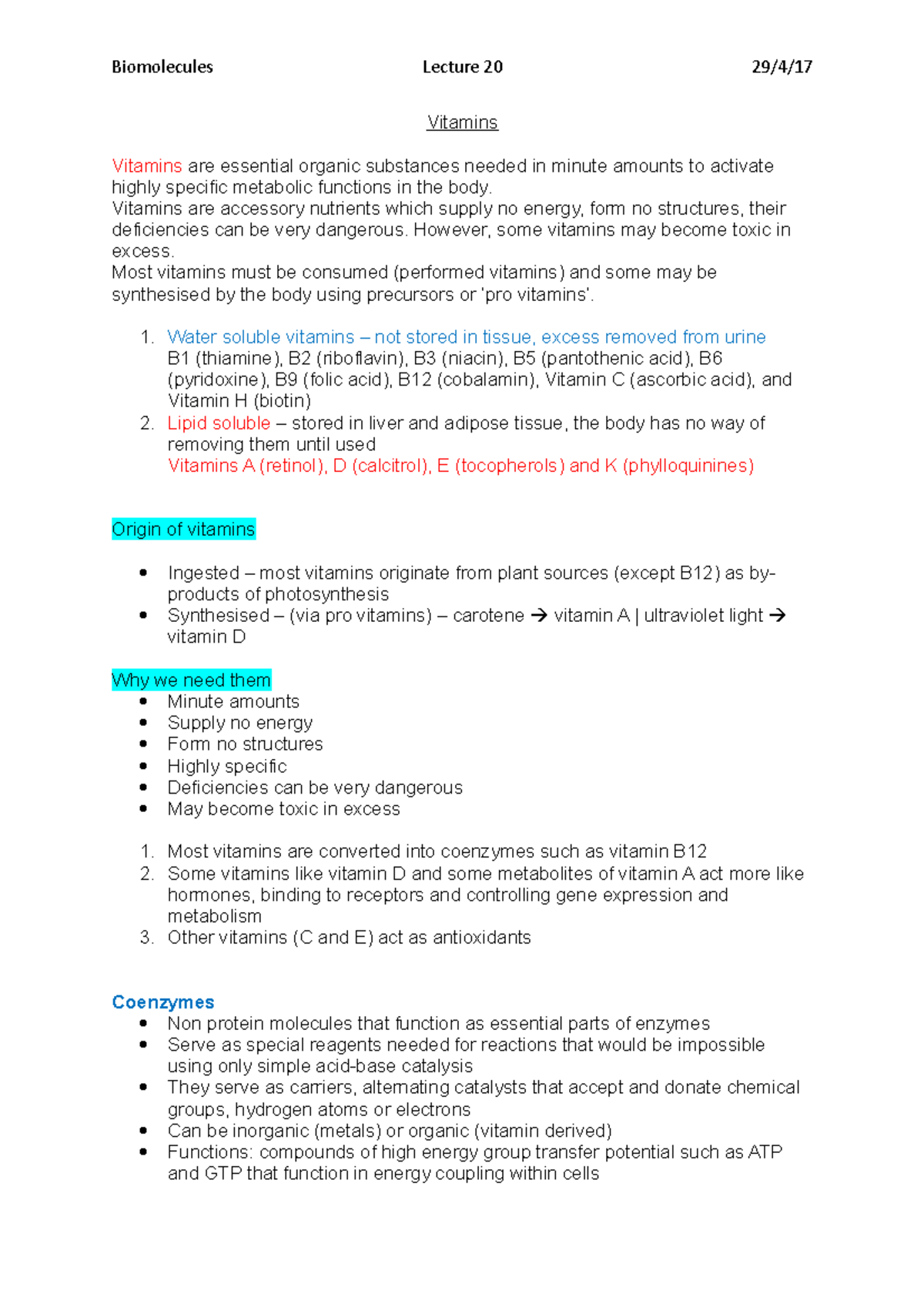 Vitamins - Lecture notes 12 - Biomolecules Lecture 20 29/4/17 Vitamins ...