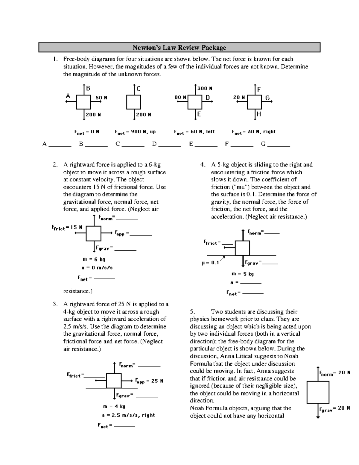Newton's laws - Newton’s Law Review Package Free-body diagrams for four ...