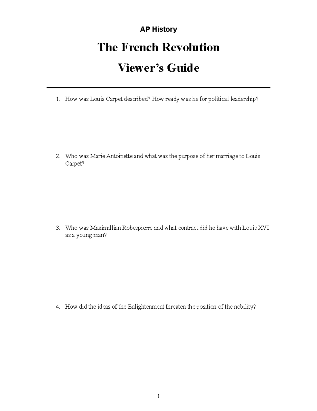 The French Revolution Viewers Guide - AP History The French Revolution ...