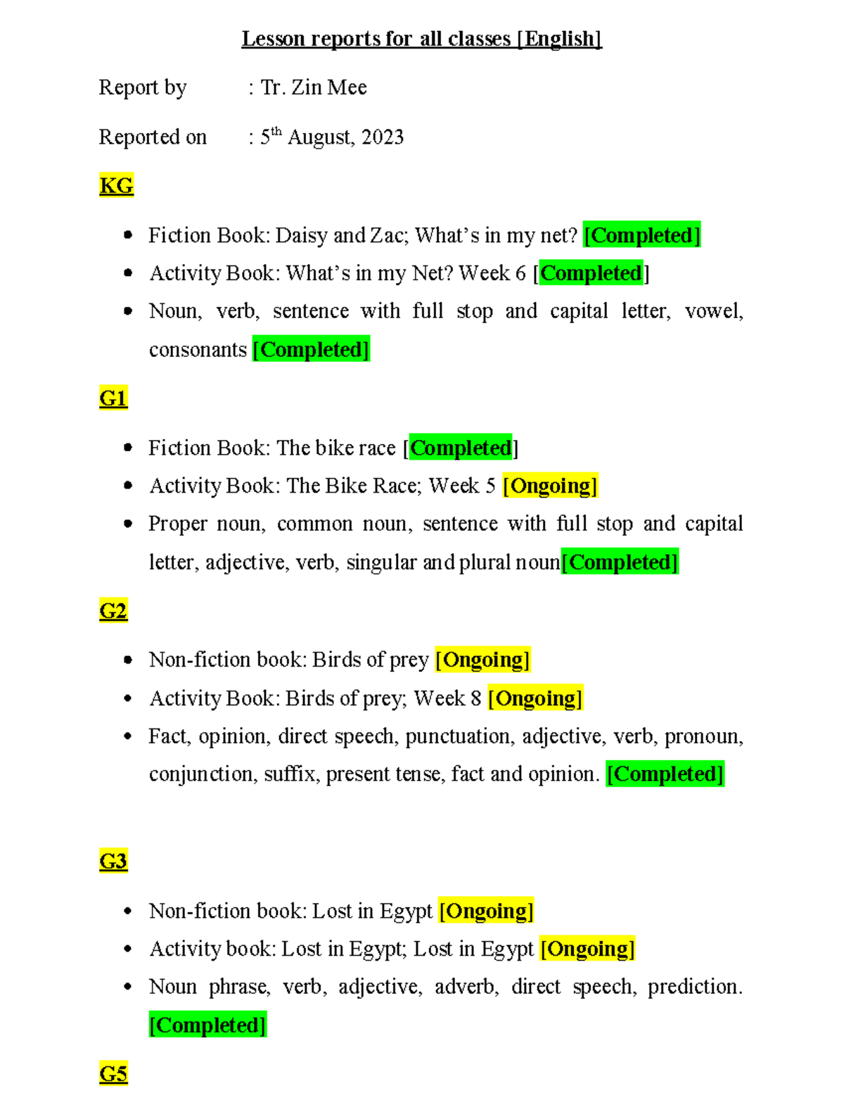 Class report [English] - Lesson reports for all classes [English ...