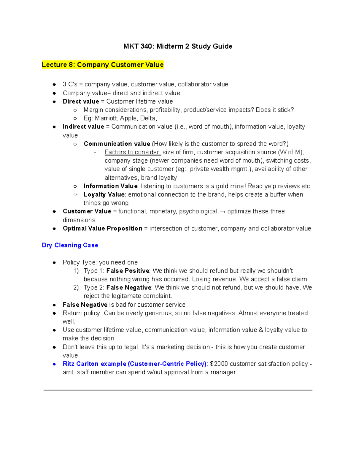 MKT 340 Midterm 2 Study Guide - MKT 340: Midterm 2 Study Guide Lecture 8: Company Customer Value ...
