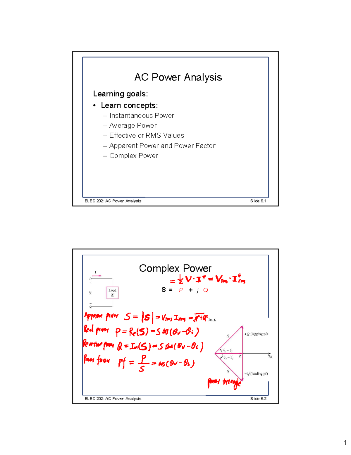 202 6 AC power handout - Notes - ELEC 202: AC Power Analysis Slide 6 ...