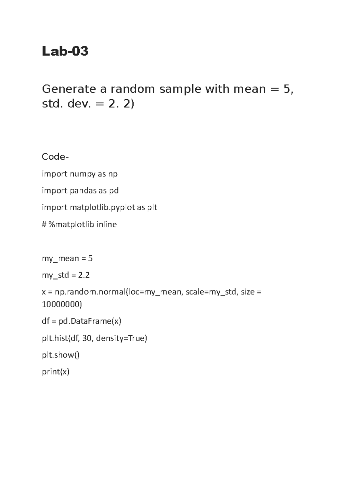 Stats Lab 03 Applied Statistics Lab Generate A Random Sample With Mean 5 Std Dev 2
