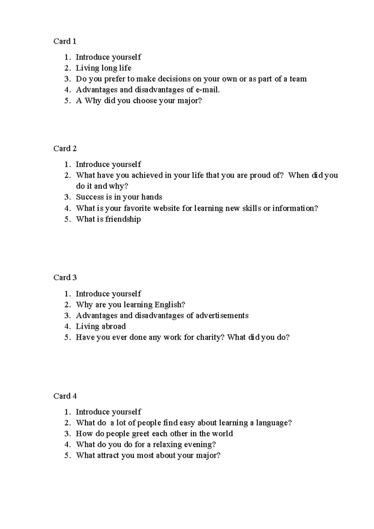 Speaking card 2023 - Gmmg - Card 1 1. Introduce yourself 2. Living long ...