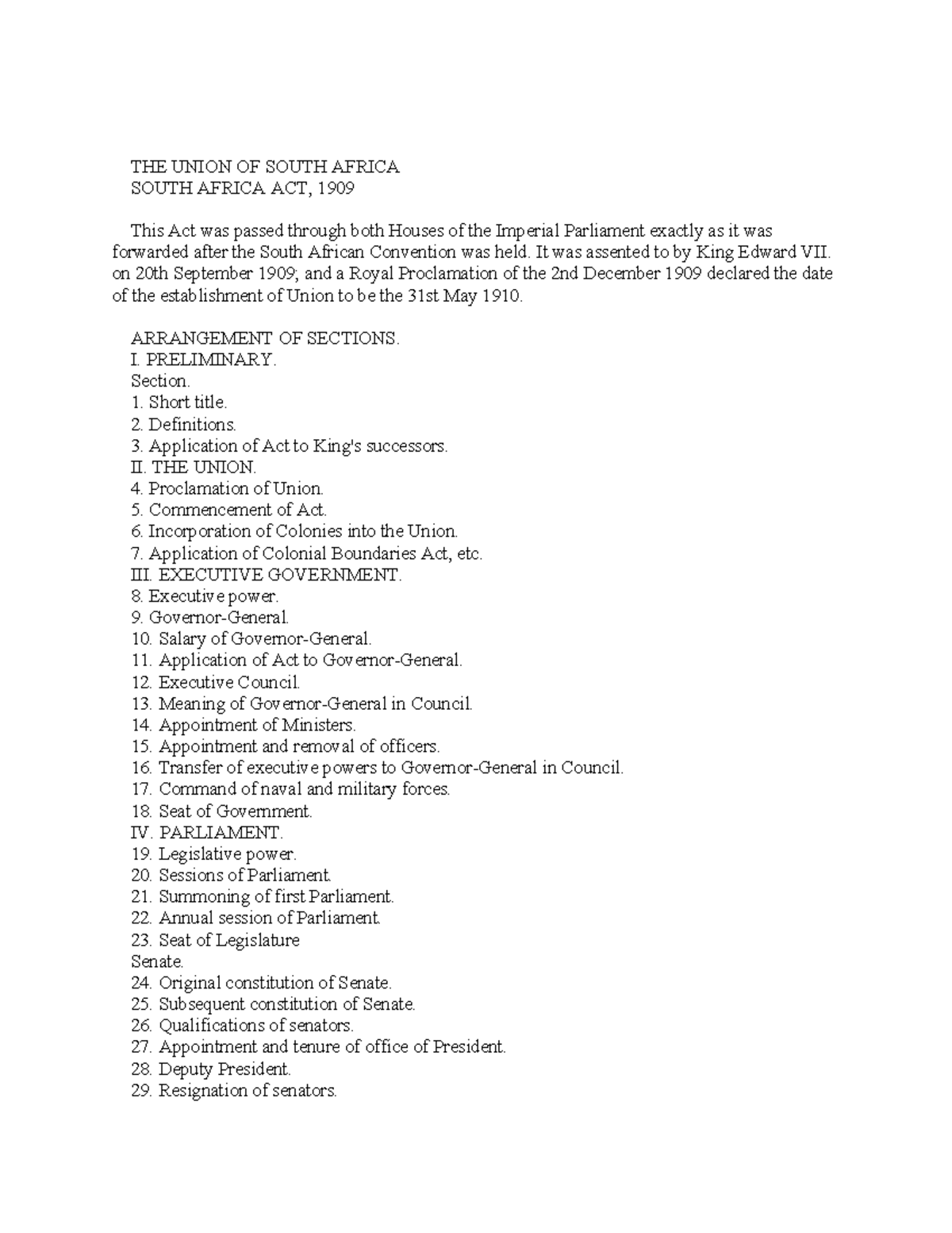 THE South African ACT 1909 - THE UNION OF SOUTH AFRICA SOUTH AFRICA ACT ...