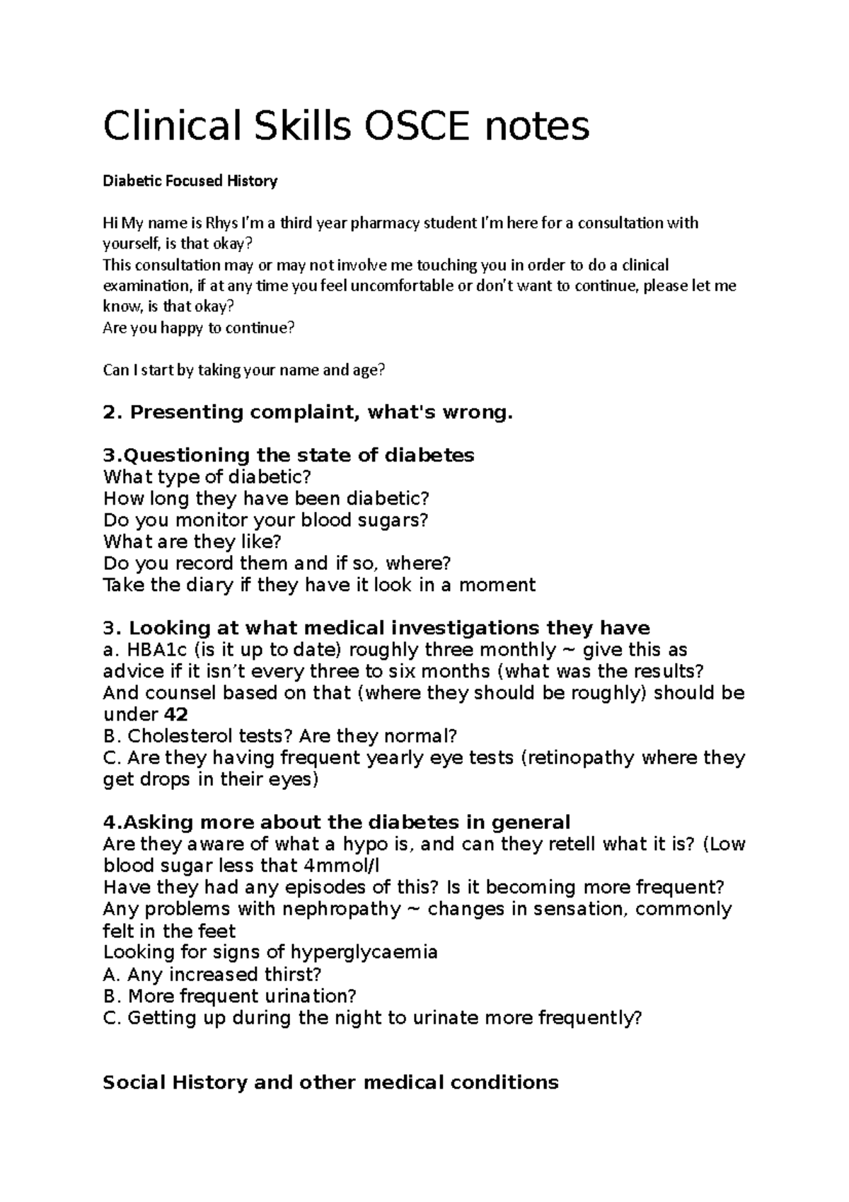 Clinical Skills Crib Sheets - Clinical Skills OSCE notes Diabetic ...