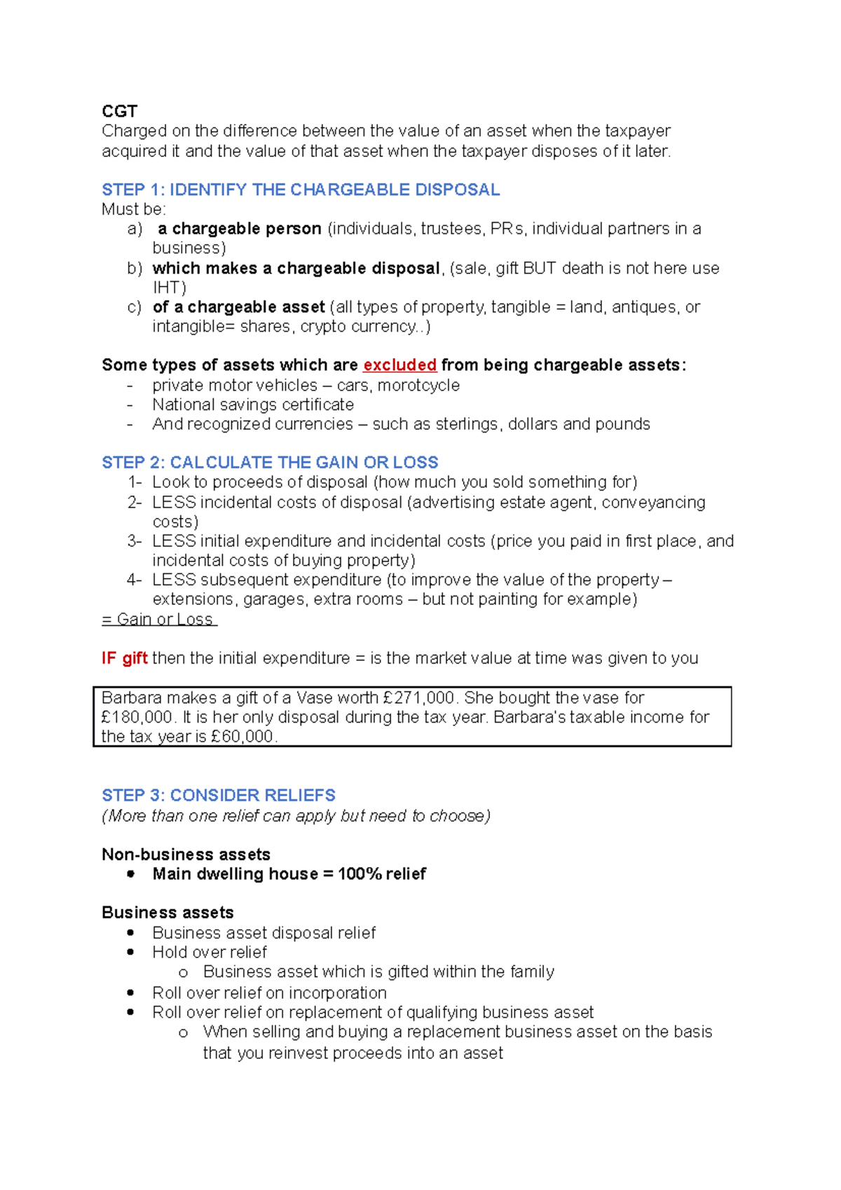 CGT Tax Calculation Sheet Summary Notes - CGT Charged on the difference ...