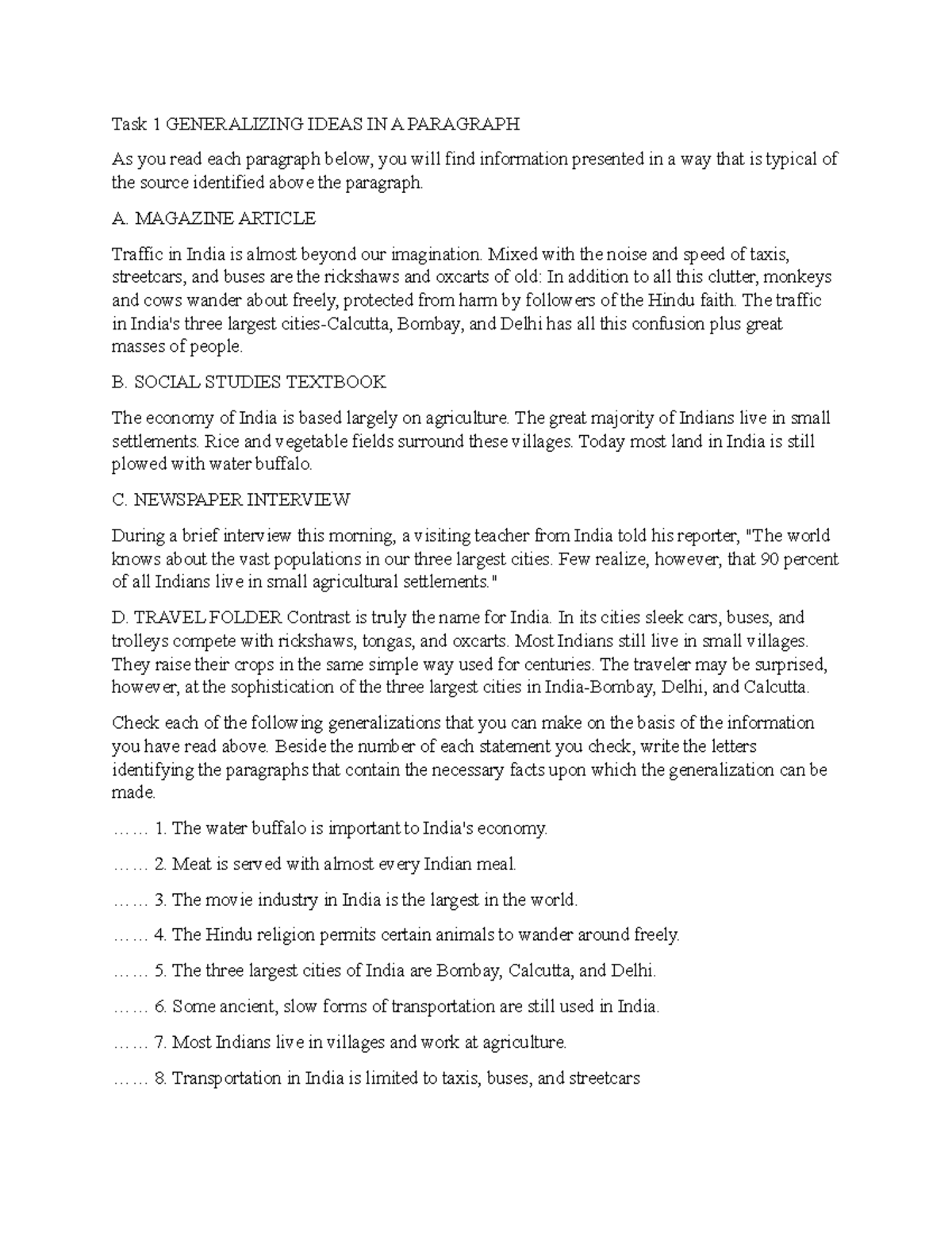 Unit 3. Generalization Task 1 - Task 1 GENERALIZING IDEAS IN A ...