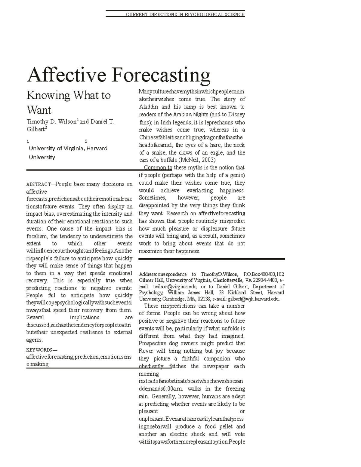 Affective Forecasting - CURRENT DIRECTIONS IN PSYCHOLOGICAL SCIENCE ...