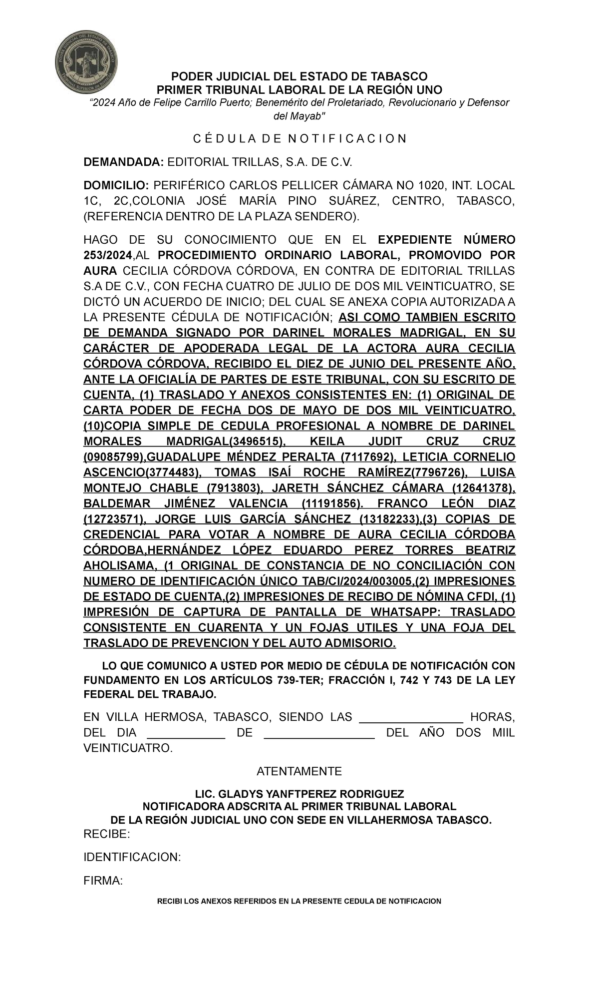 Cedula DE Notificacion - PODER JUDICIAL DEL ESTADO DE TABASCO PRIMER ...