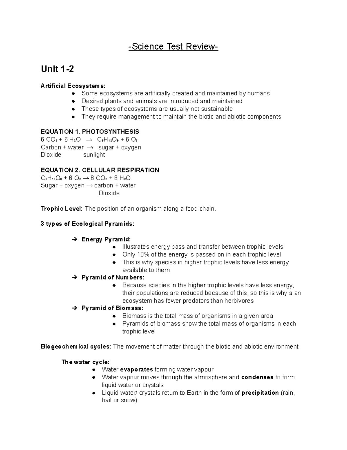 Science Units 1-4 Review -Science Test Review- Unit 1- Artificial ...