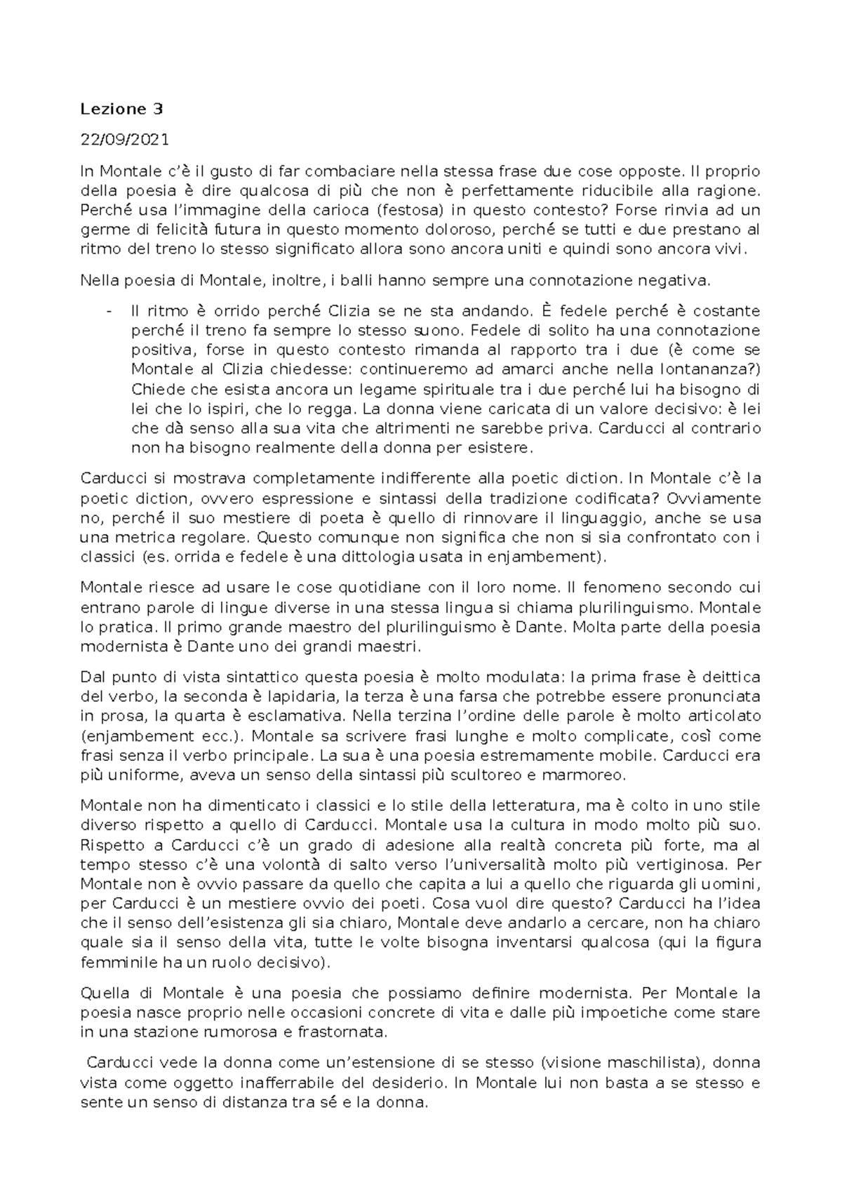 Lezione 3 - appunti di lezioni di letteratura italiana 900 - Lezione 3 ...