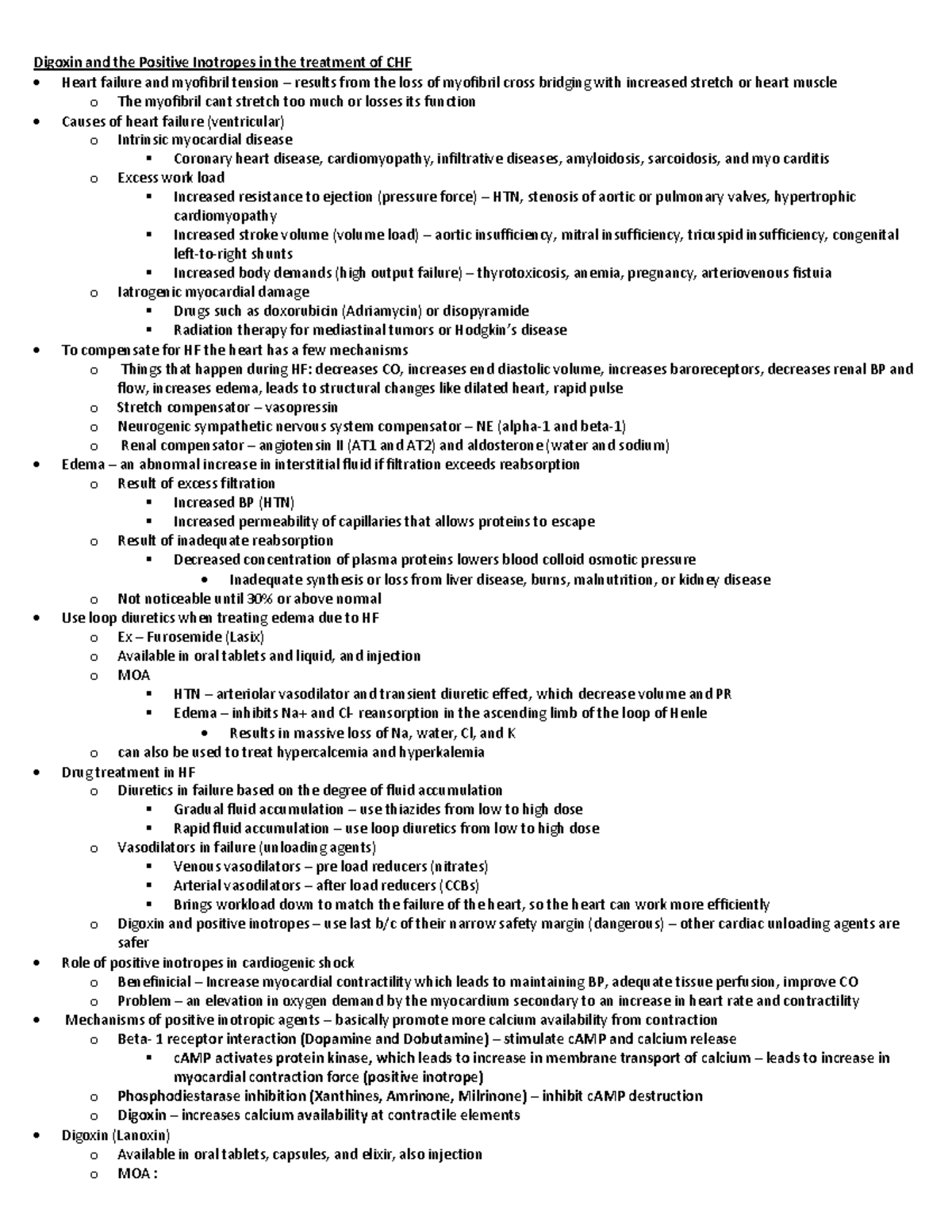 Cardio Pharmacology Final Barletta - Digoxin and the Positive Inotropes ...