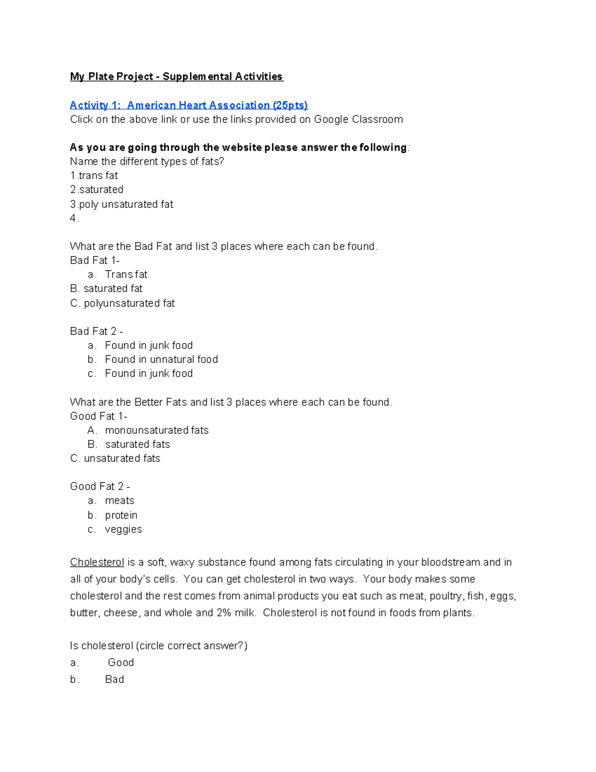 My Plate Project - Supplemental Activities with links - My Plate ...