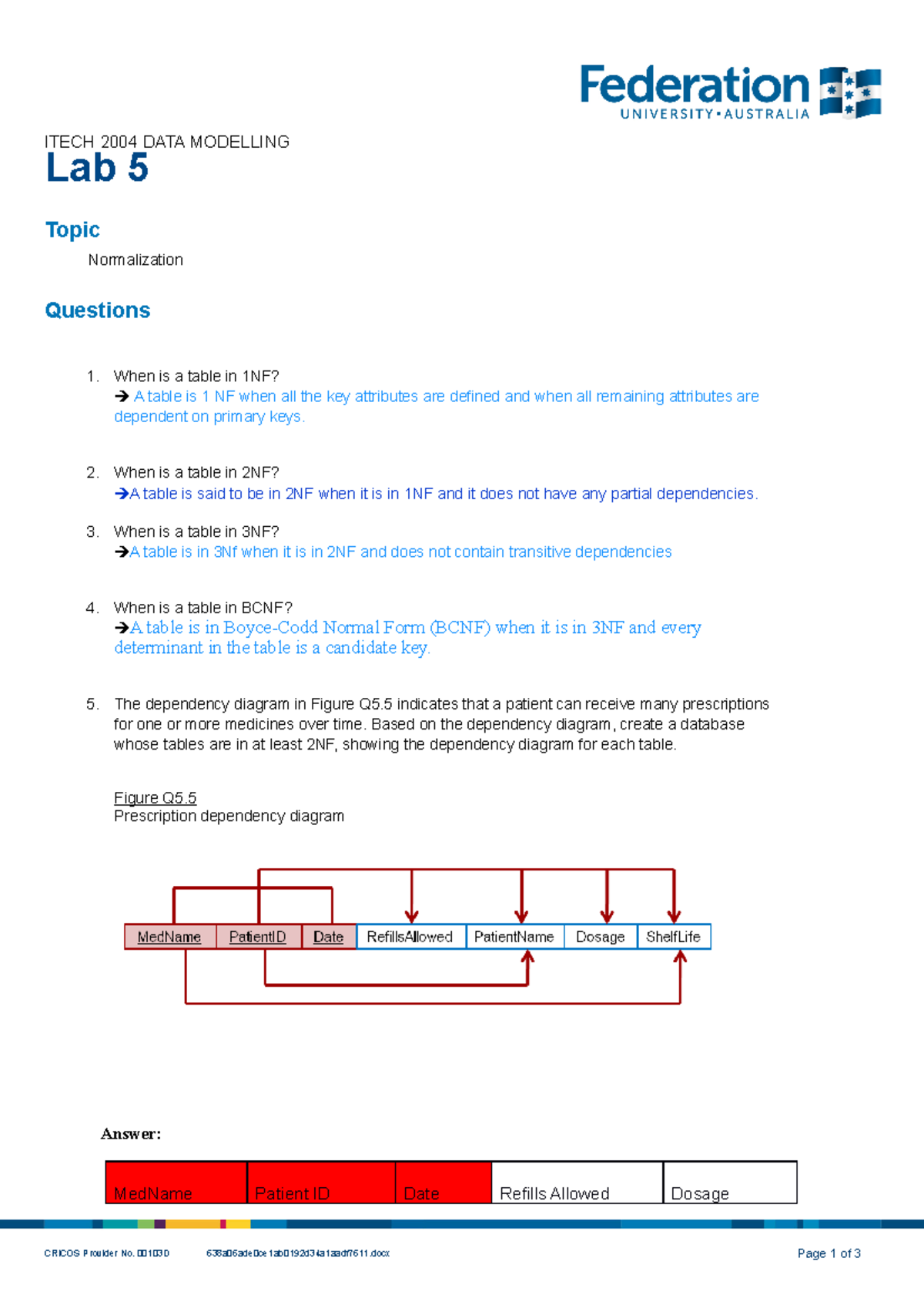 Itech 2004 Lab 5 Itech 2004 Data Modelling Lab 5 Topic Normalization Questions When Is A